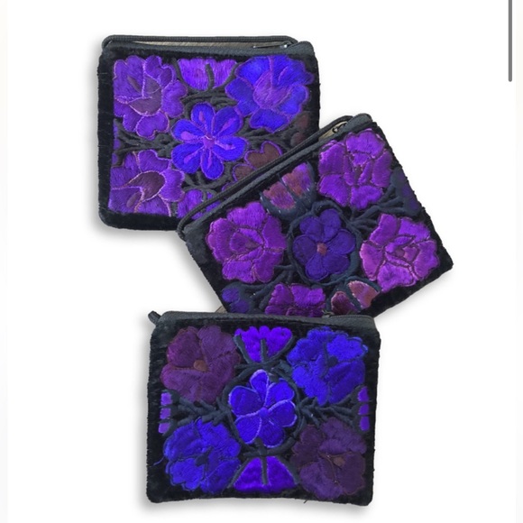 Bags | Purple And Black Embroidered Flowers Coin Purse | Poshmark